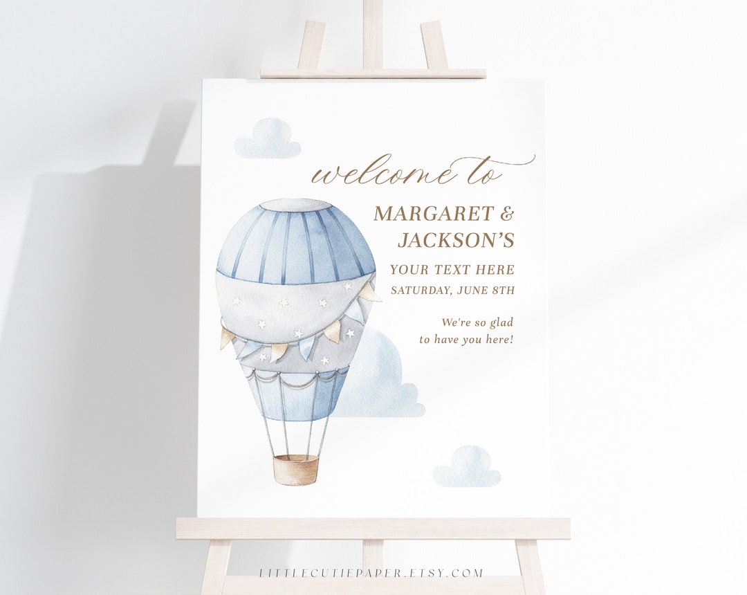 Editable Blue Hot Air Balloon Welcome Sign, Hot Air Balloon Birthday ...