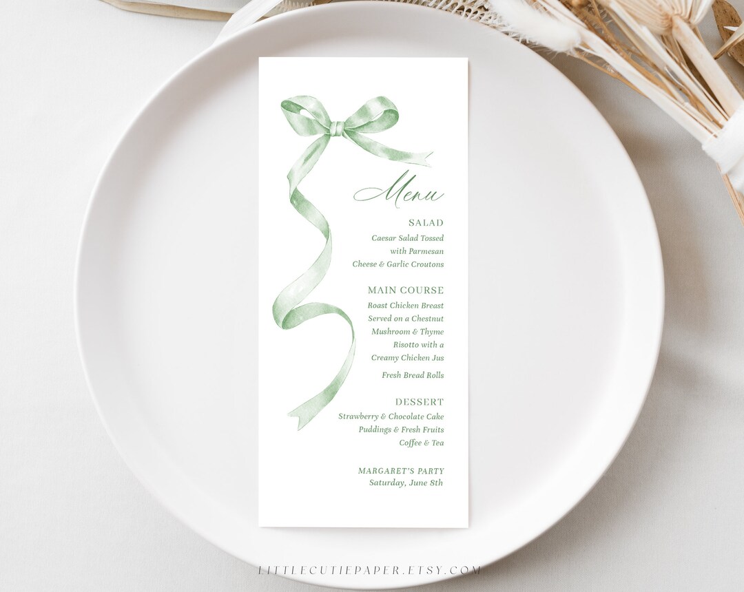Editable Sage Green Menu Template, Printable Green Bow Dinner Menu ...