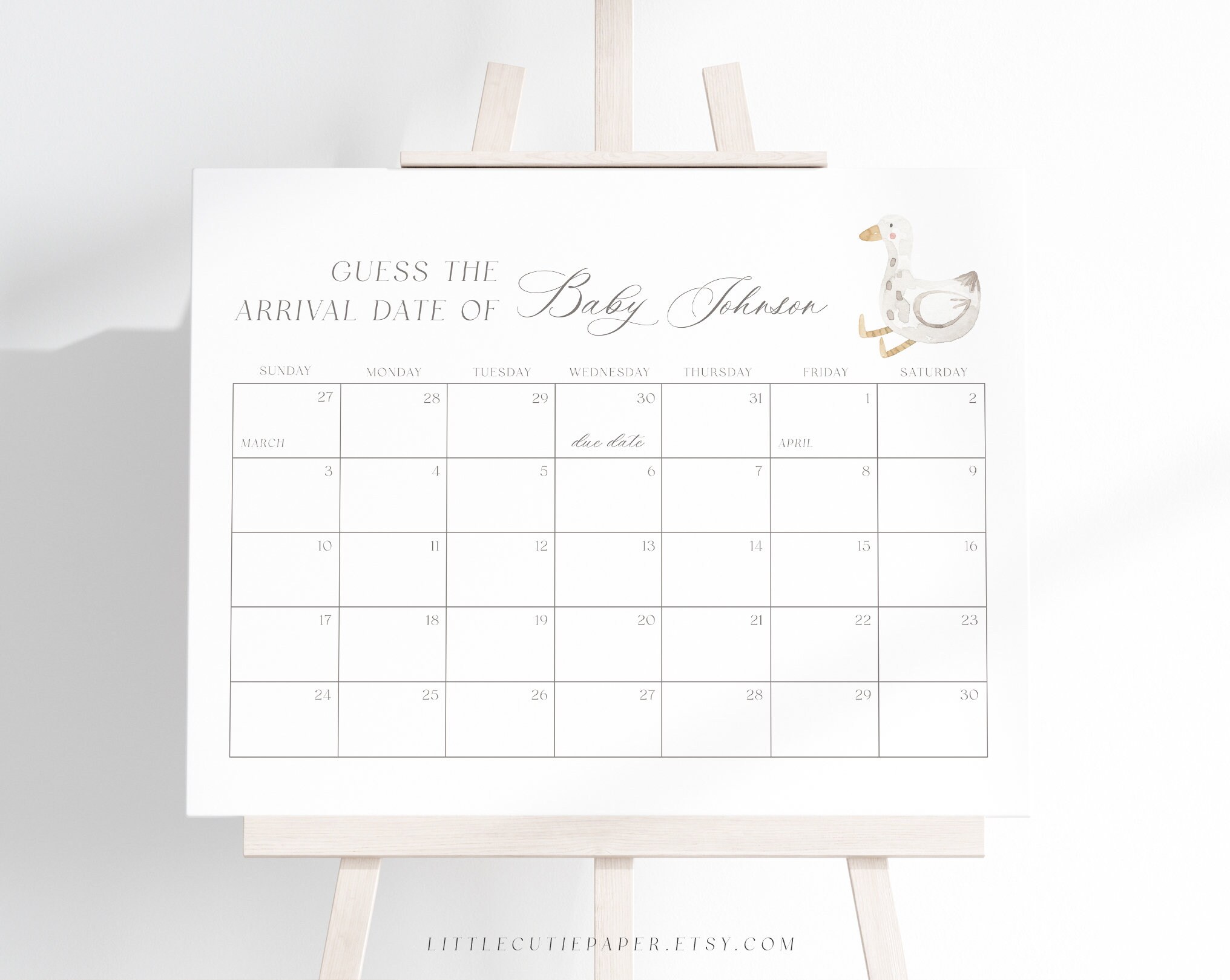 Editable Duck Baby Due Date Calendar Template, Baby Shower Game, Guess ...
