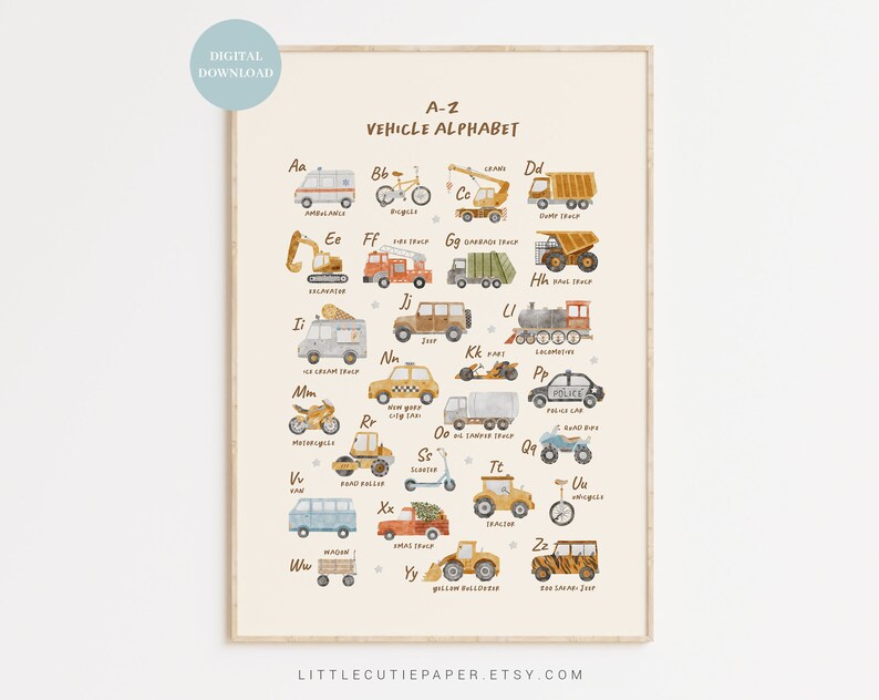 Vehicle Alphabet Poster Digital Download, Transport Alphabet, Vehicle ...