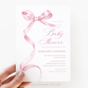 Editable Pink Bow Baby Shower Invite Card Template, Pink Ribbon Baby ...
