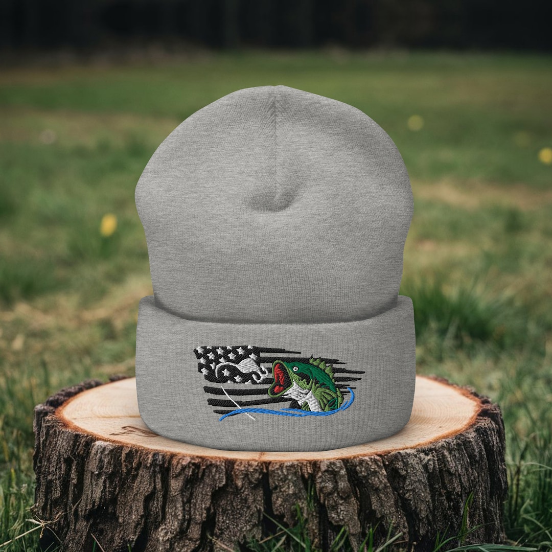American Flag Fishing Beanie Hat, Outdoors, Big Mouth Fish, Bass ...
