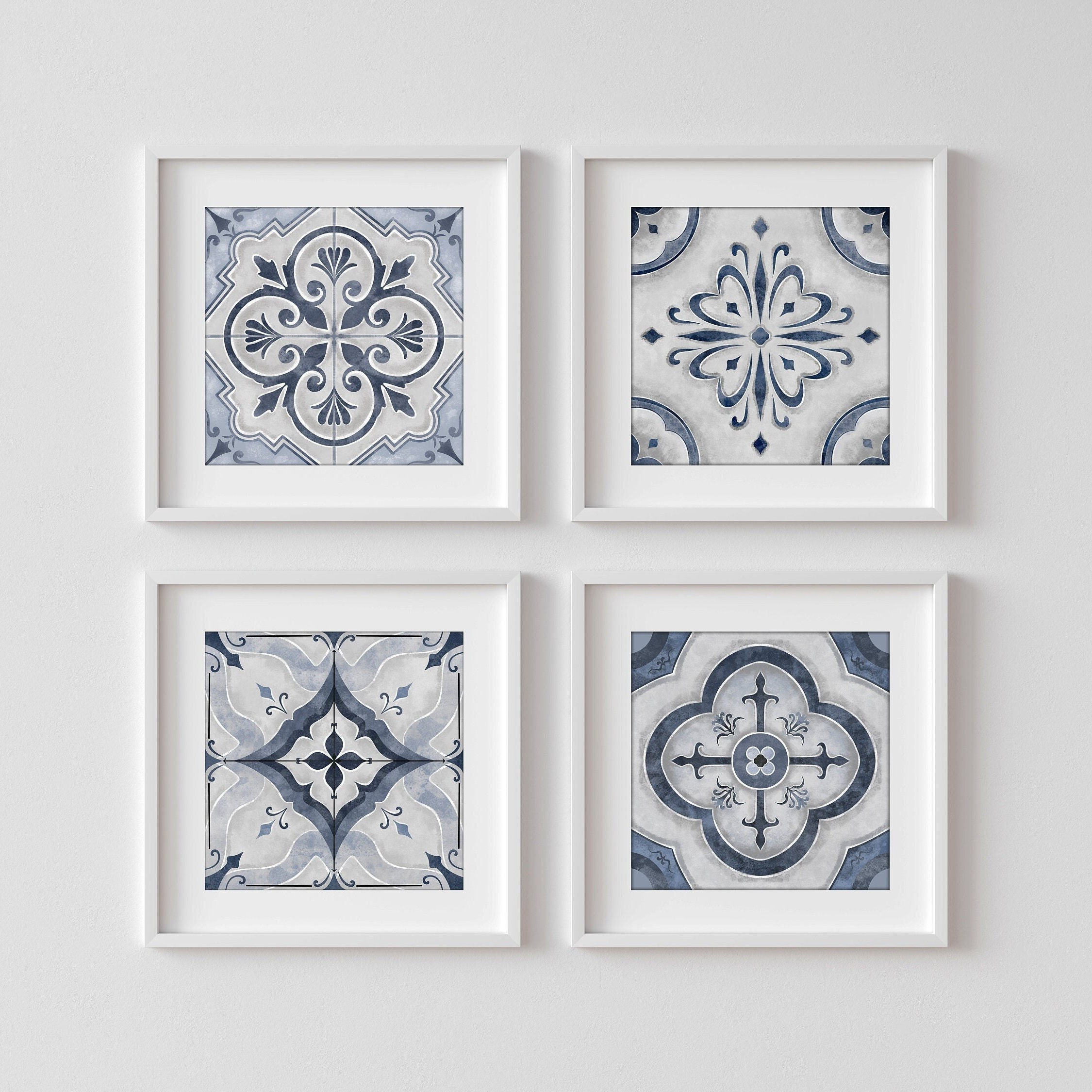 Blue & White Mediterranean Tile Wall Art Set of 4 Prints - Etsy