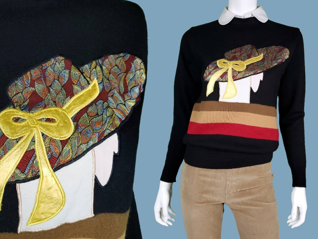 1970s Wool Sweater: Vintage 80s Patchwork Lady Graphic, Soft Knit (S/M ...