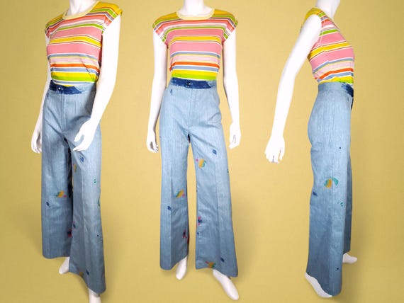 Vintage 60s/70s Paint Splatter Bell Bottoms - High Ri… - Gem