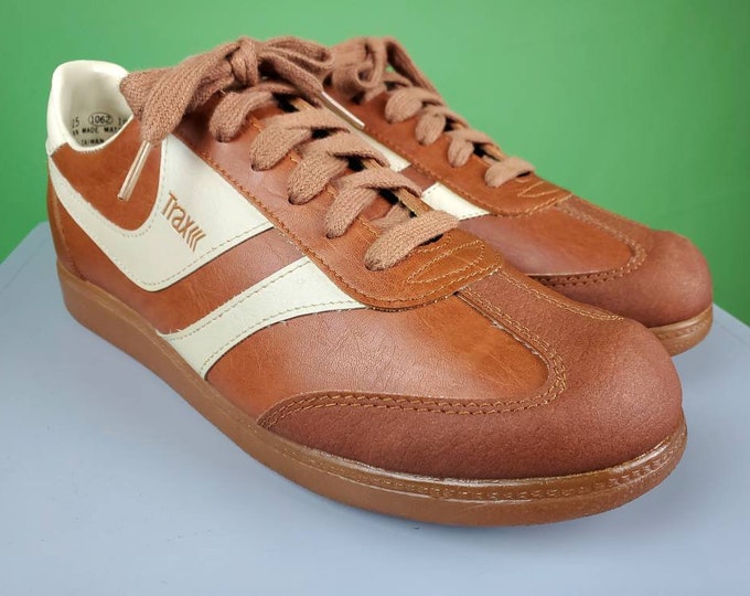 1970s Iconic Trax Sneakers. Nearly New. Brown & Cream Vinyl. Cotton ...