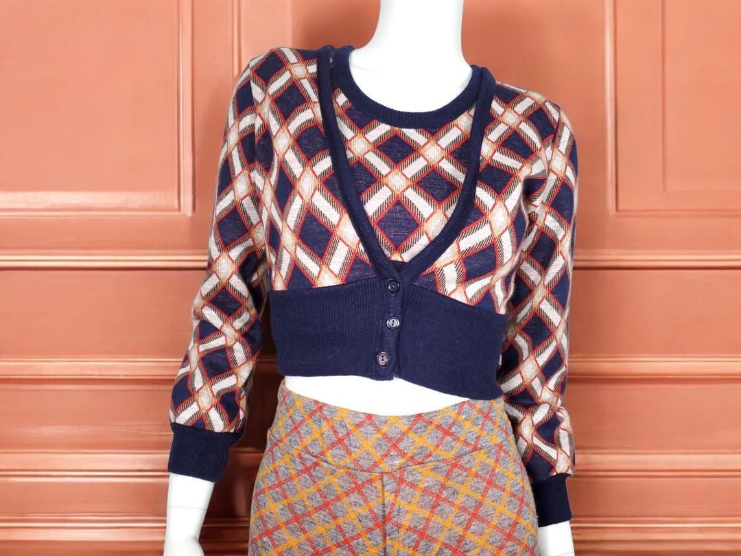 1960s 70s Sweater Set Vintage Cropped Fit Argyle Plaid Jacquard Knit 2 ...