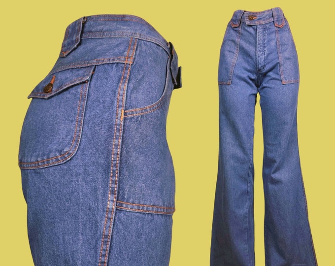 Wide Leg Jeans, Vintage 70s, Patch Pockets, Medium Wash, Orange ...
