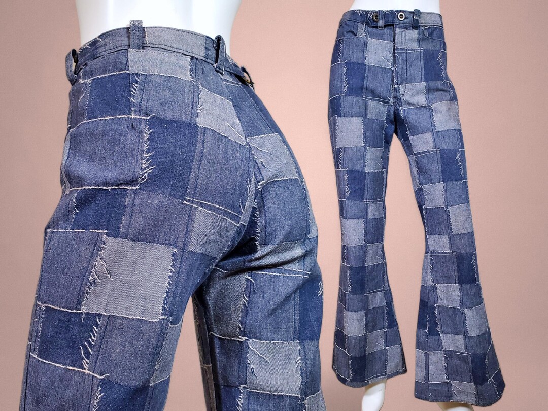 1970s Bell Bottom Jeans, Mock Patchwork Stitching Vintage Denim (32x32 ...