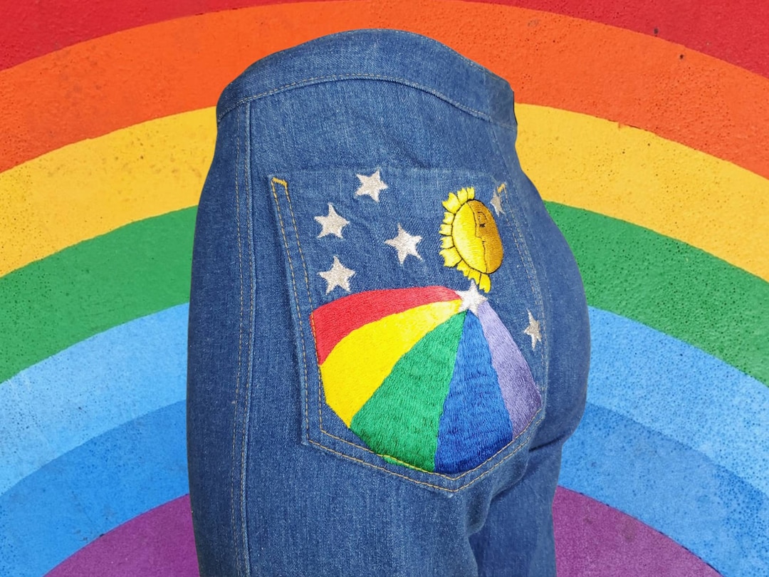 1970s Embroidered Rainbow Jeans: Vintage High-waisted Denim (SLIM JR ...