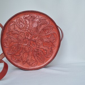 Red Circle Leather Bag, Handmade Round Cowhide Purse, Handtooled ...