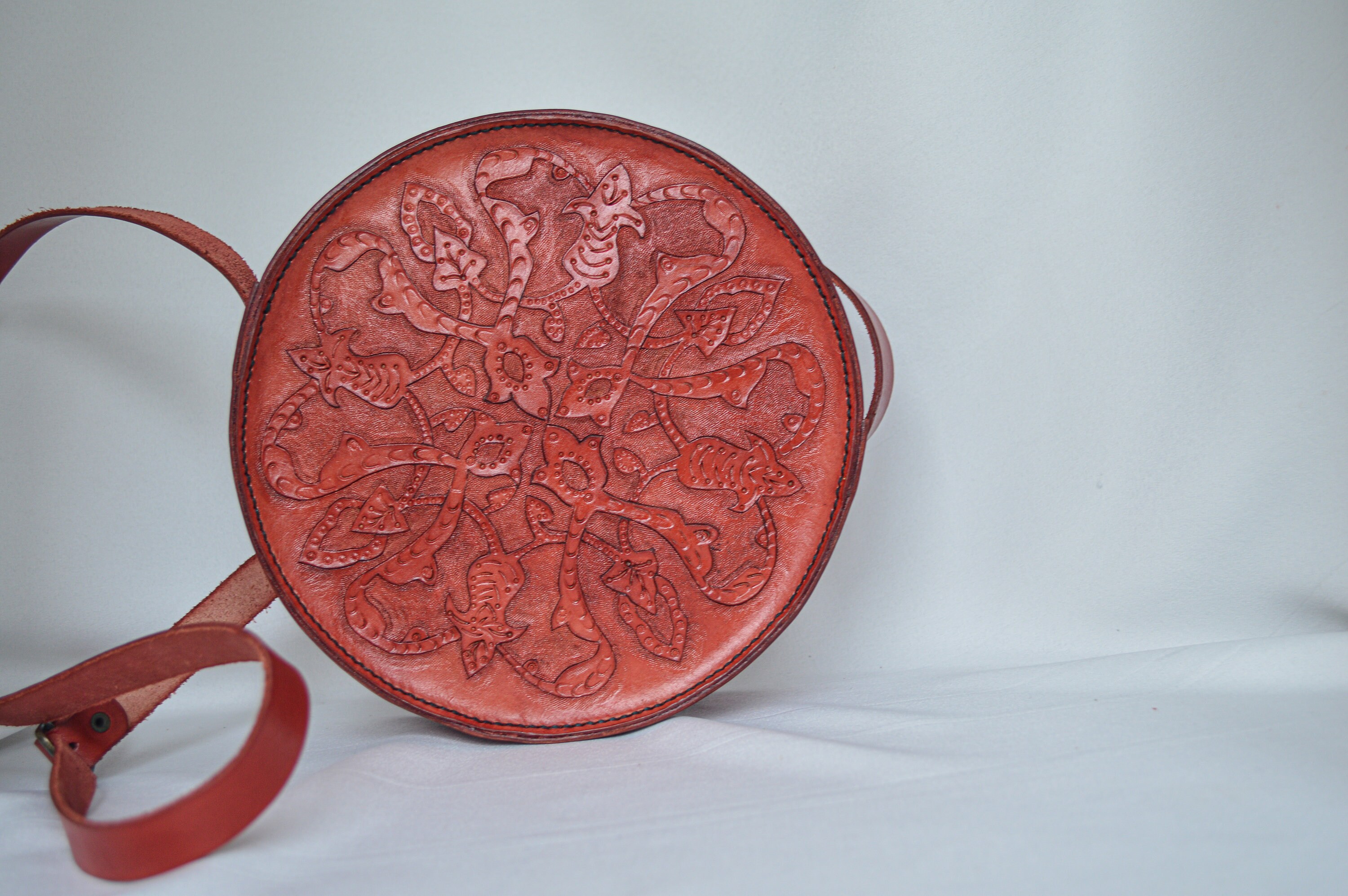 Red Circle Leather Bag, Handmade Round Cowhide Purse, Handtooled ...