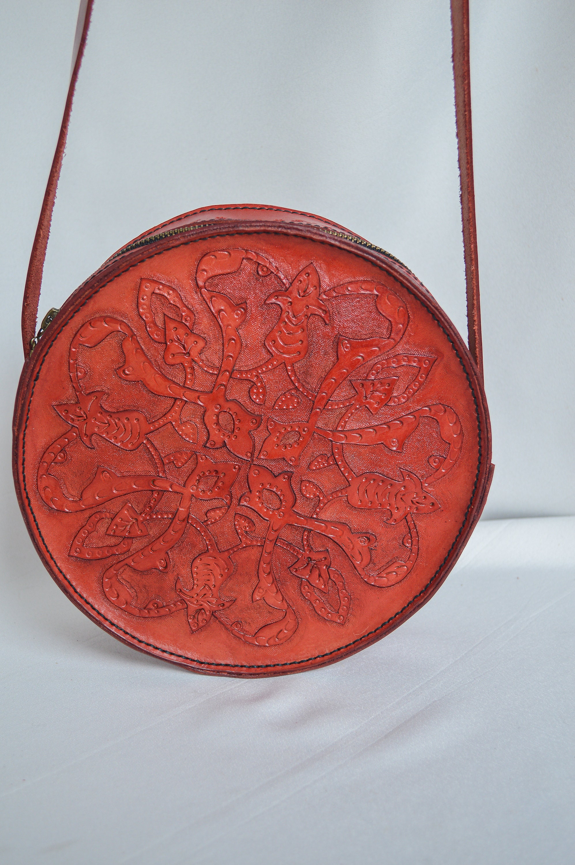 Red Circle Leather Bag, Handmade Round Cowhide Purse, Handtooled ...