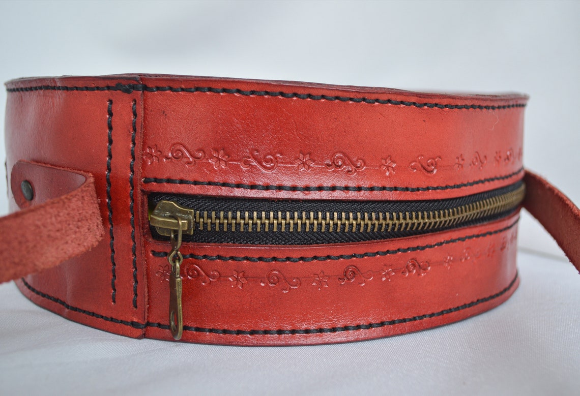 Red Circle Leather Bag, Handmade Round Cowhide Purse, Handtooled ...