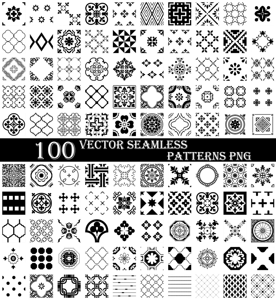 Seamless Patterns Png Bundle 5, Transparent Background, Black and White ...