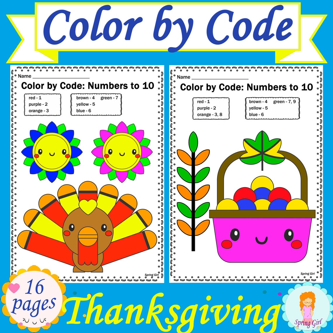 Thanksgiving Math: Color by Code Worksheets - Etsy
