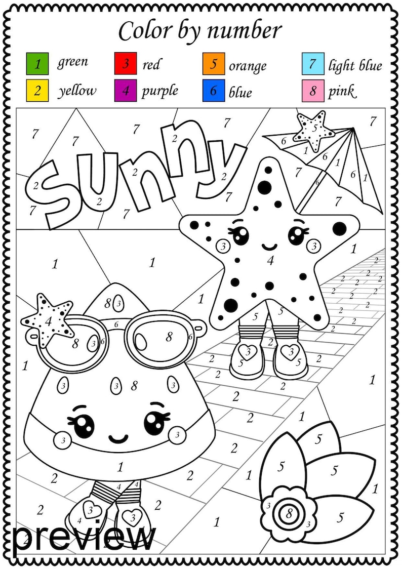 Color by Number Summer, Printable Math Color by Code Worksheets for ...
