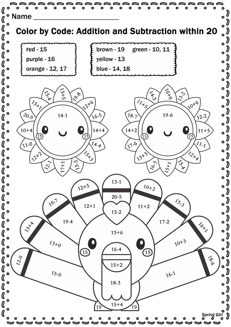 Thanksgiving Math: Color by Code Worksheets - Etsy