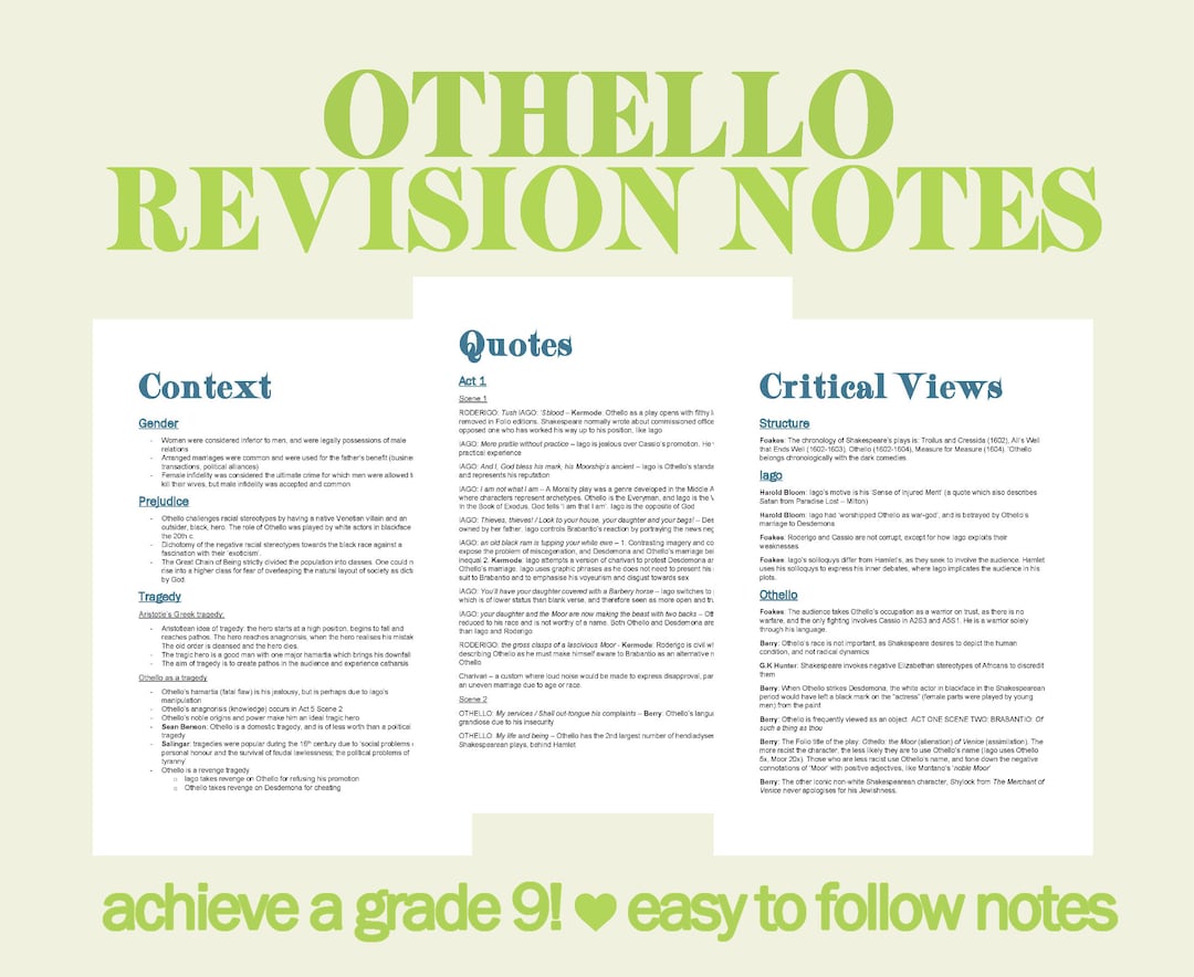 A* A Level Othello Revision Notes - Etsy