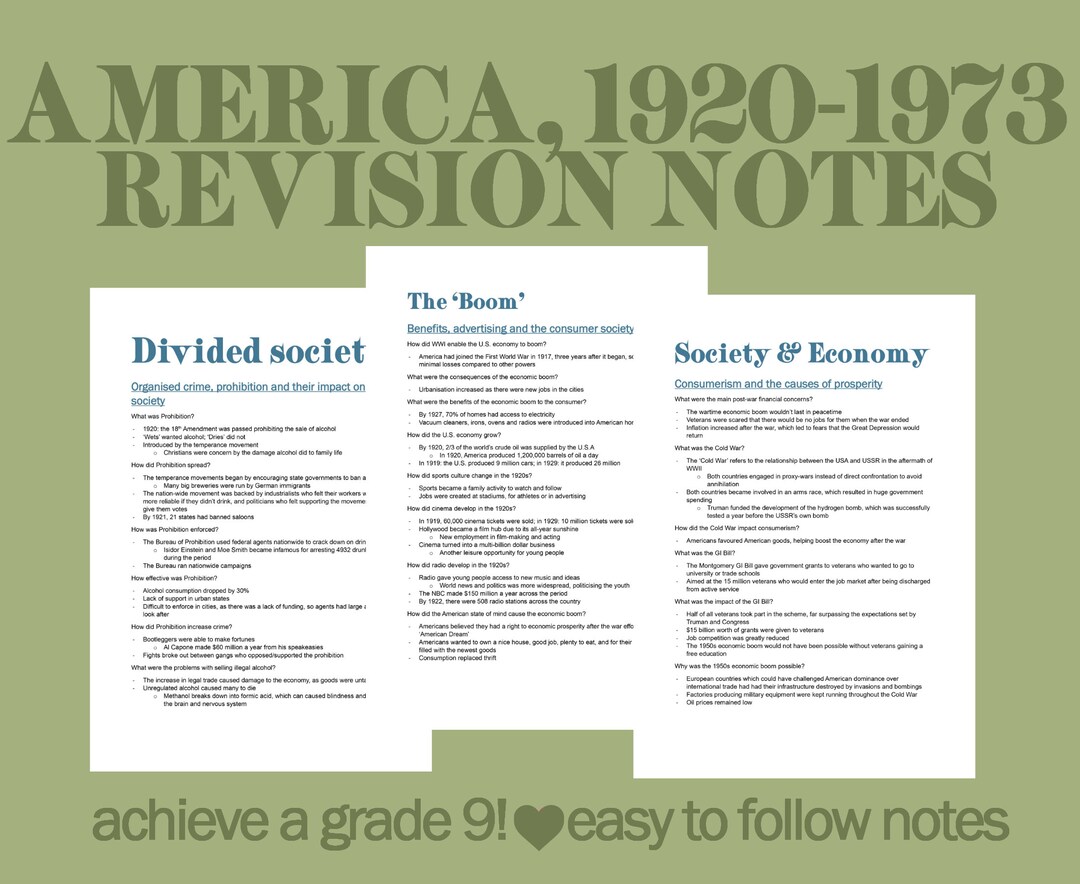 GCSE Grade 9 History America 1920-1973: Opportunity and - Etsy