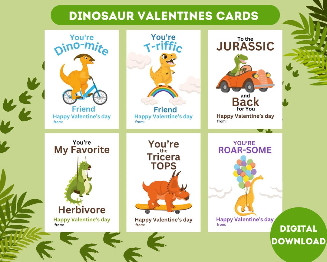 Printable Dinosaur Valentines Card, Kids Valentine's Cards, Dinosaur ...