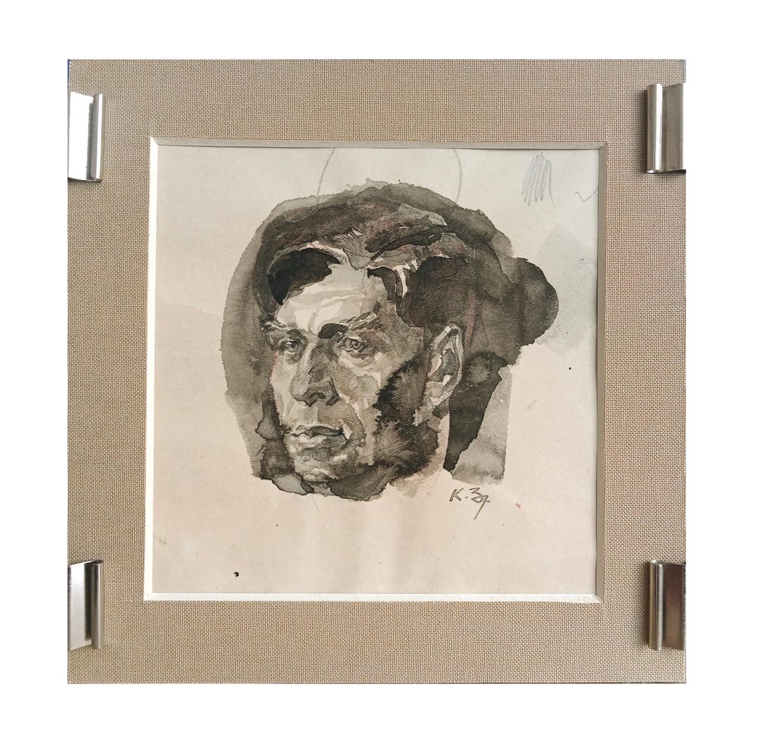 VINTAGE MEN'S PORTRAIT Pencil Drawing on Paper Passepartout With ...
