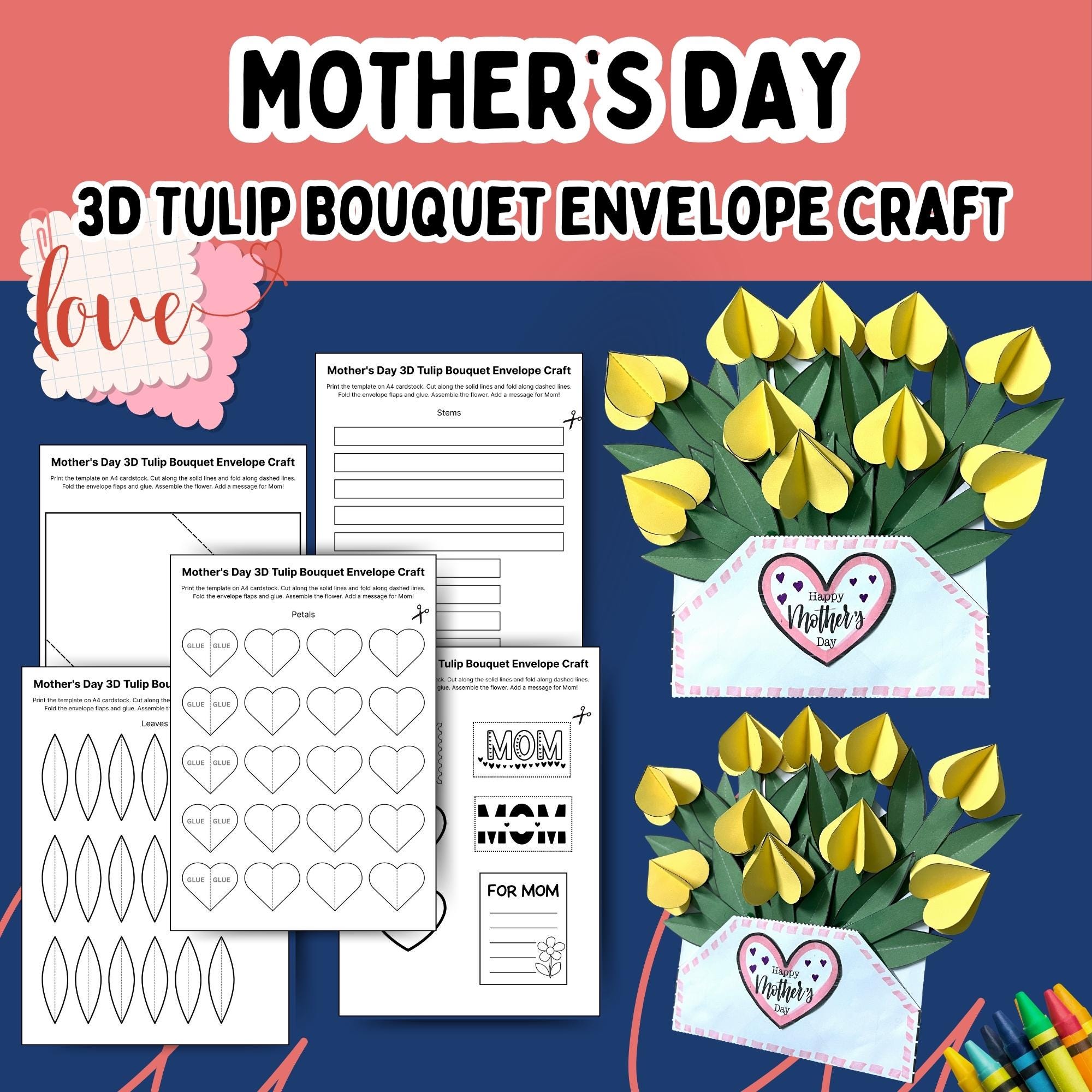 Mother’s Day 3D Tulip Flower Bouquet Envelope Craft for Kids, Printable ...