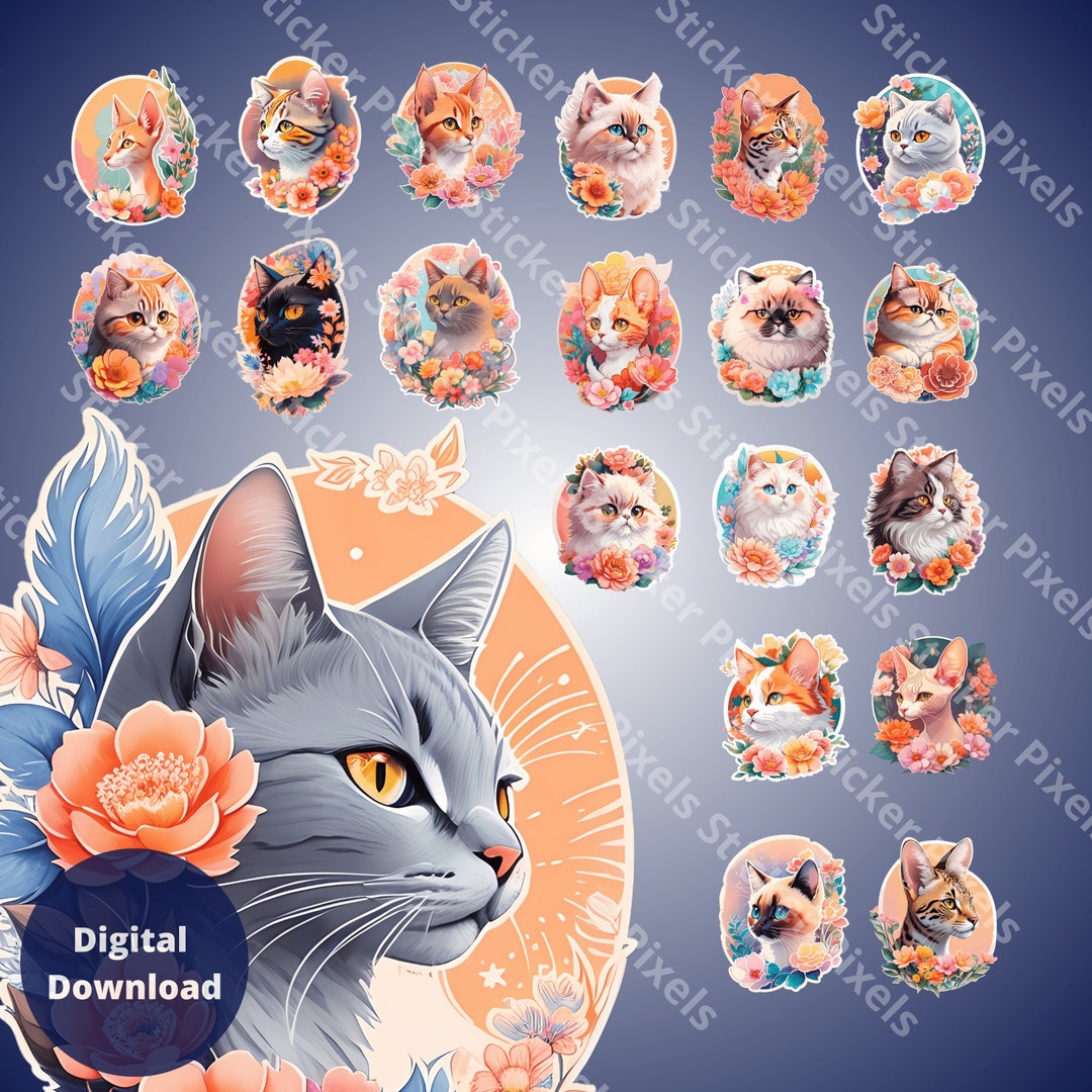 20 Cat Sticker Breeds, Cute Cats, Floral Design, Pet, Cat, PNG, Sticker ...