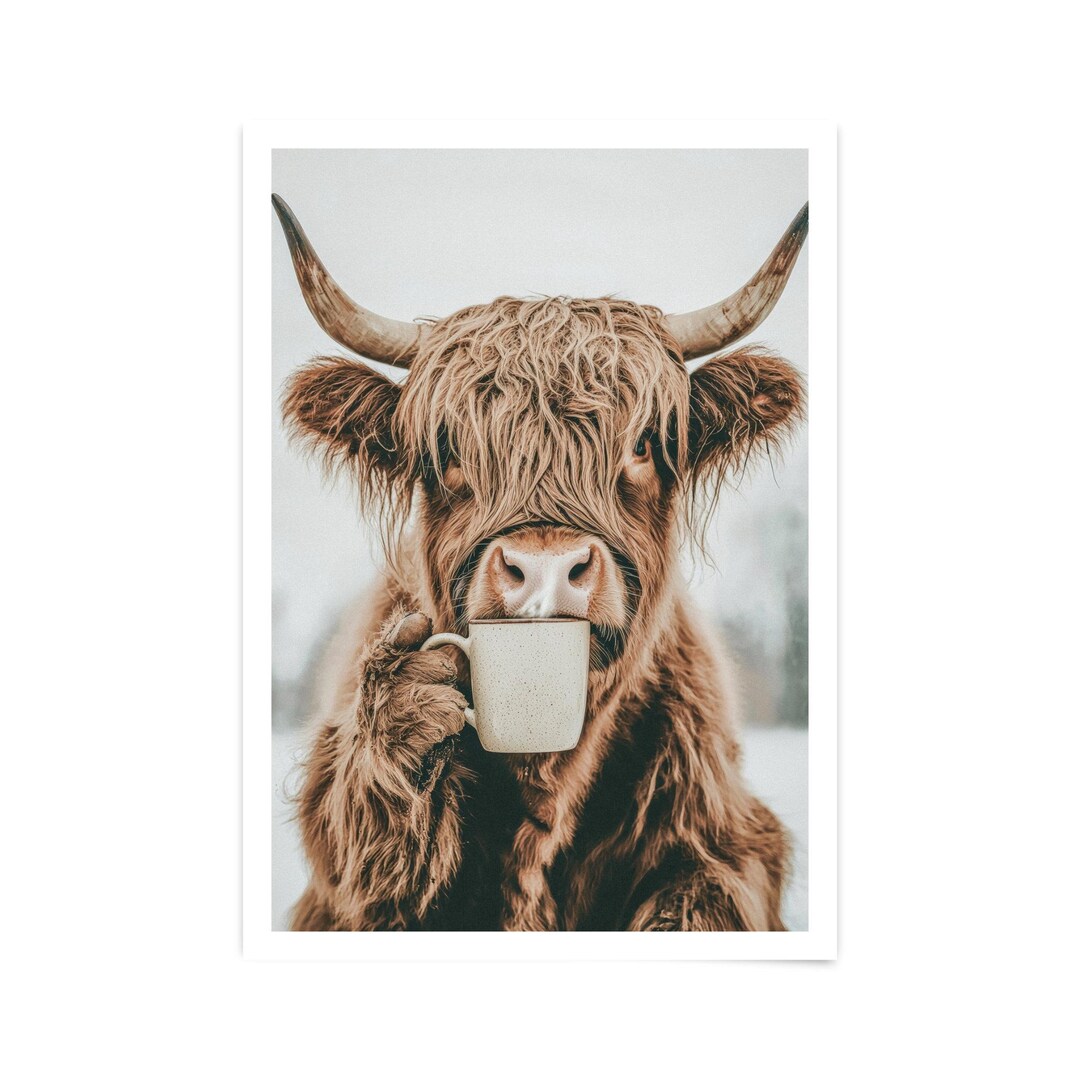 Kitchen Poster Digital Download Cow Drinking Coffee Picture Dining Room ...