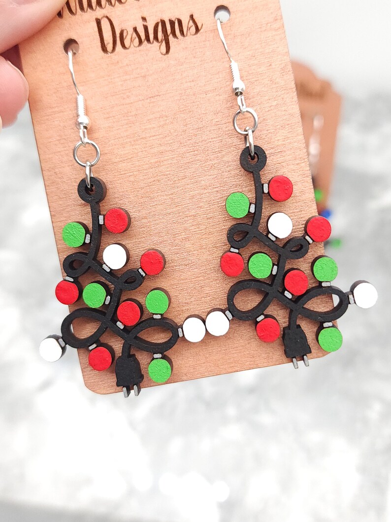 Hand Painted Christmas Tree Light Earrings: Laser Cut Wood - Etsy