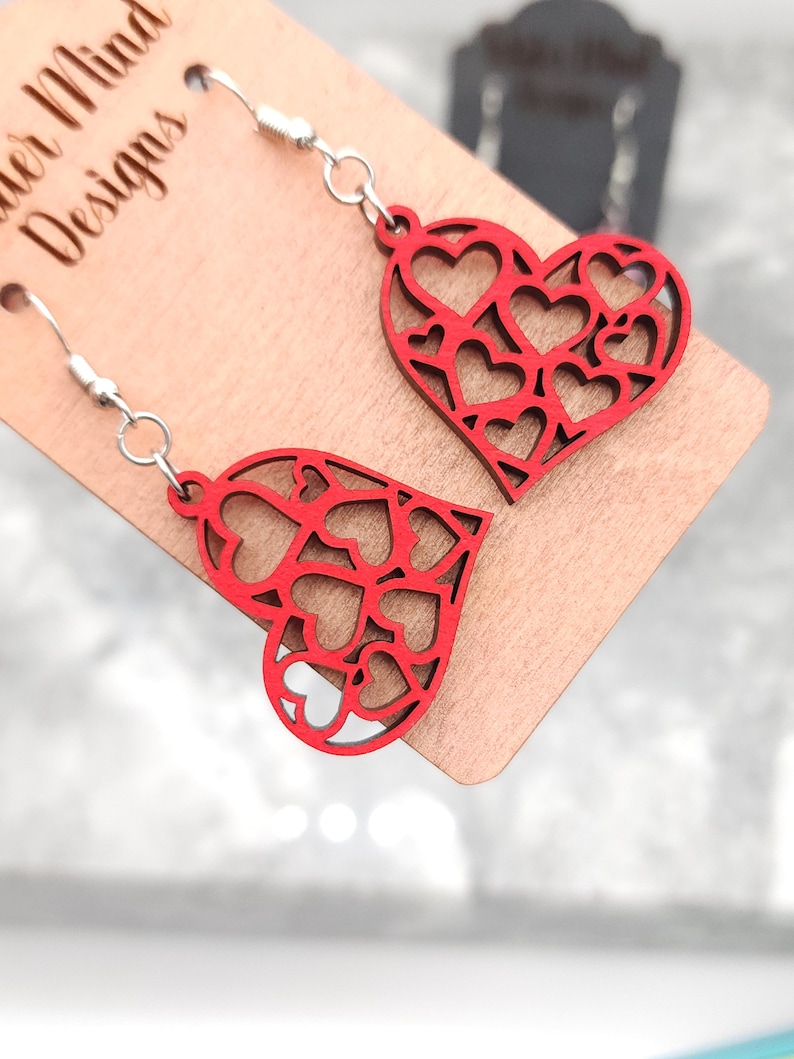 Hand-painted Heart Earrings: Laser Cut Wooden Earrings, Romantic Gift ...