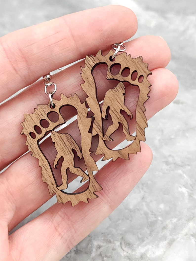 Laser Cut Big Foot Earrings: Walnut Plywood Sasquatch Jewelry - Etsy