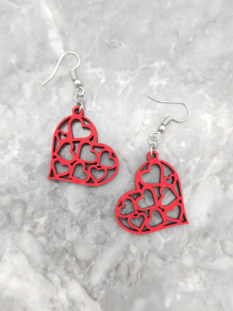 Hand-painted Heart Earrings: Laser Cut Wooden Earrings, Romantic Gift ...