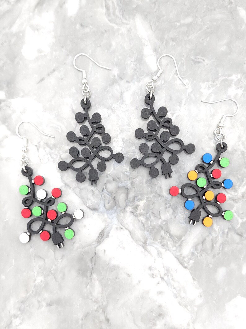 Hand Painted Christmas Tree Light Earrings: Laser Cut Wood - Etsy
