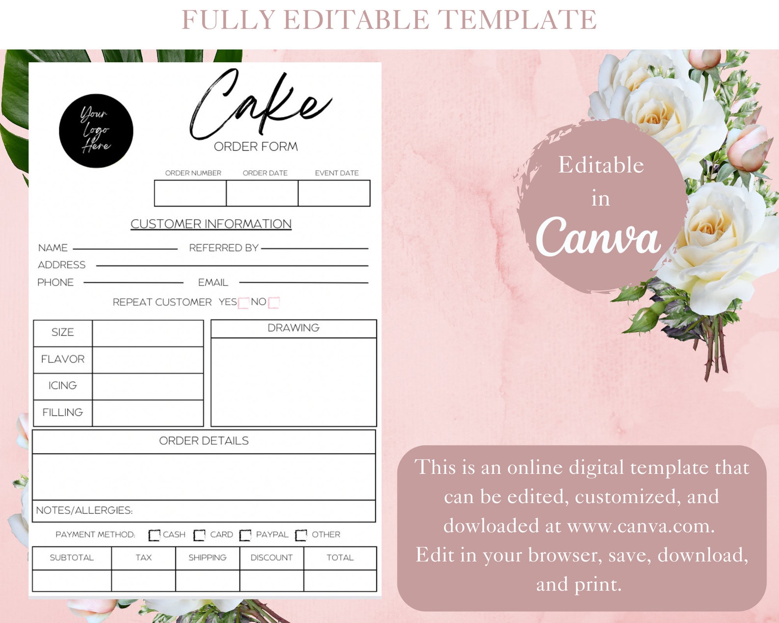 Cake Order Form Template Canva Editable Cake Order Form - Etsy