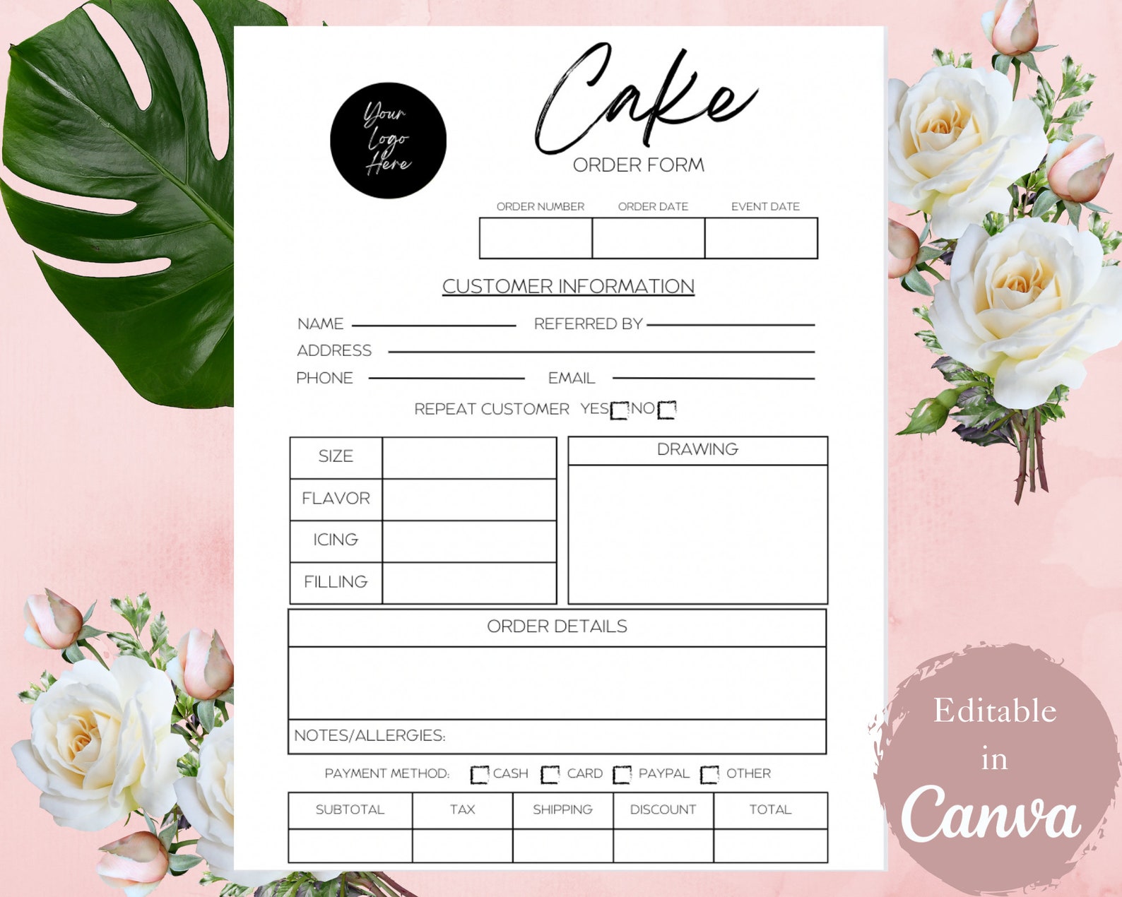 Cake Order Form Template Canva Editable Cake Order Form - Etsy