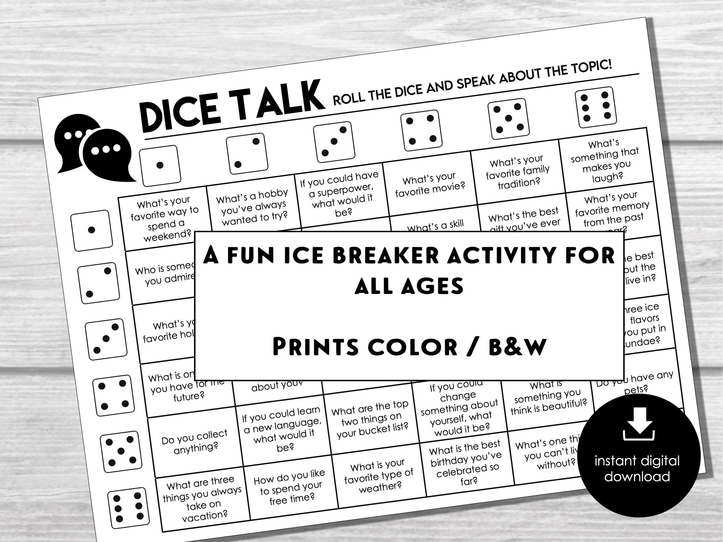 Icebreakers | Dice Talk Roll and Speak Game | Table Talk Dice ...