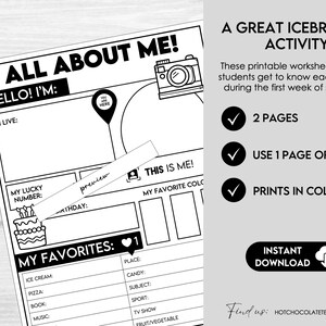 All About Me Printable, First Day of School Introduction Page, All ...