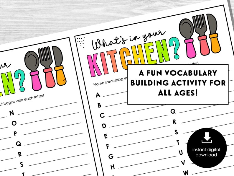 What's in Your Kitchen? Vocabulary Party Game for Kids, A-Z Word Race ...