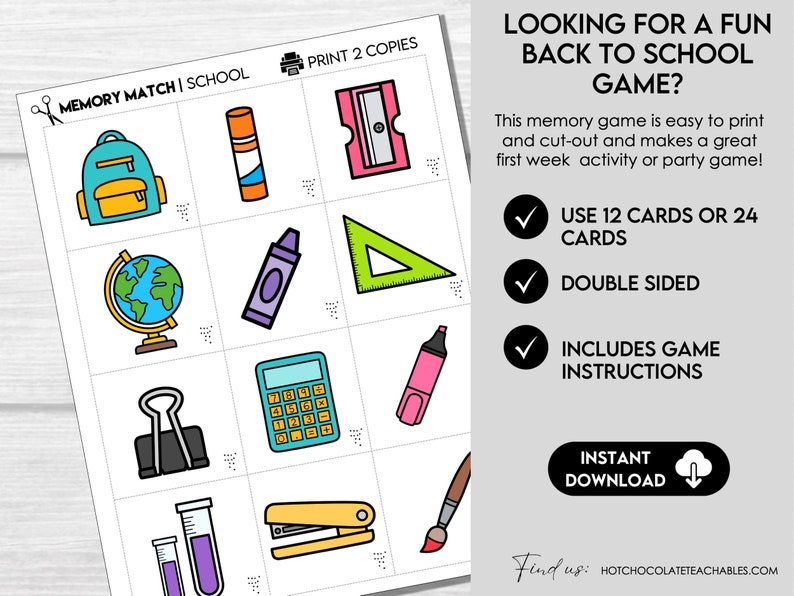 School Memory Matching Game Cards, Classroom Matching Game, School ...