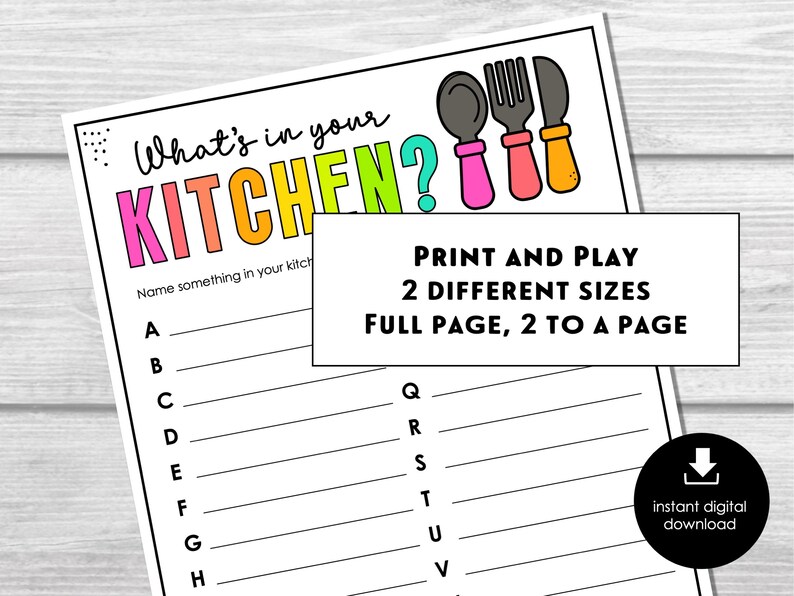 What's in Your Kitchen Vocabulary Party Game for Kids, A-Z Word Race ...