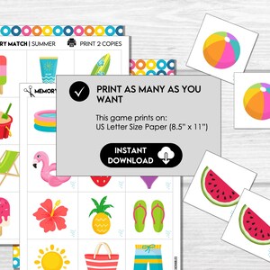 Summer Memory Match Game, Summer Matching Game, Beach Theme Kids Memory ...