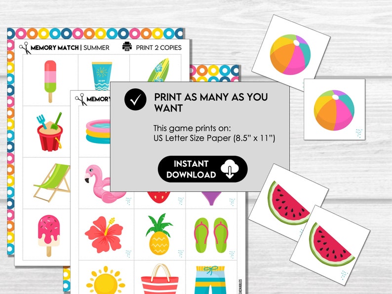 Summer Memory Match Game, Summer Matching Game, Beach Theme Kids Memory ...