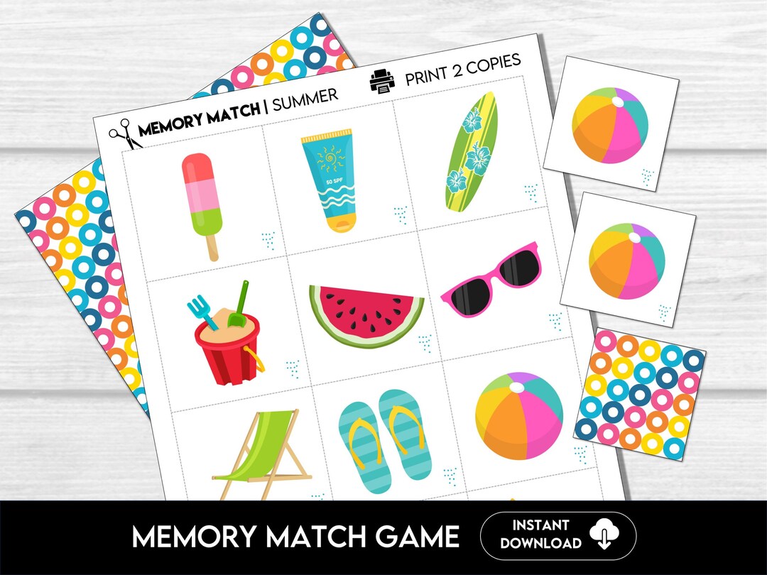 Summer Memory Match Game, Summer Matching Game, Beach Theme Kids Memory ...