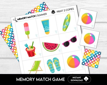 Summer Printable Memory Game, Summer Matching Game, Kids Memory Game ...