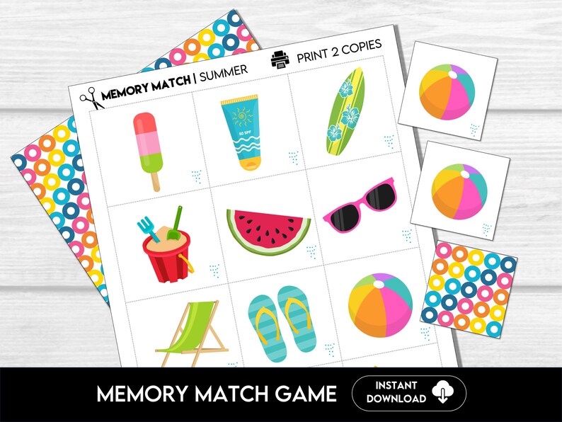 Summer Memory Match Game, Summer Matching Game, Beach Theme Kids Memory ...