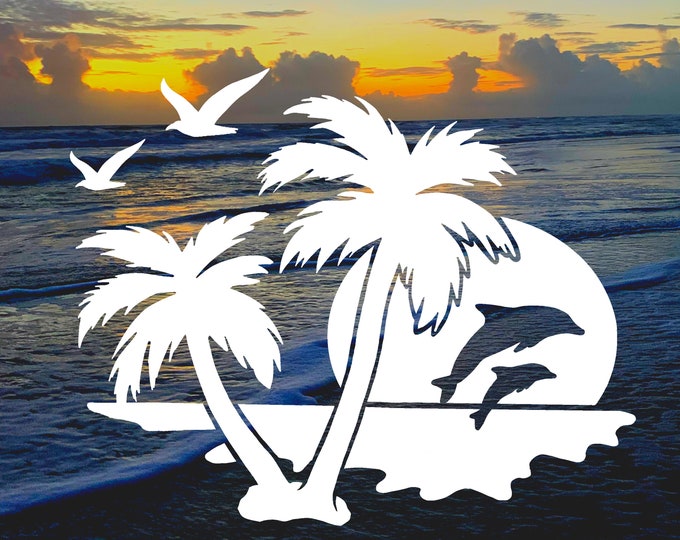 Beach Decal Sticker, Palm Trees and Dolphins Decal, Beach Decal for Car ...