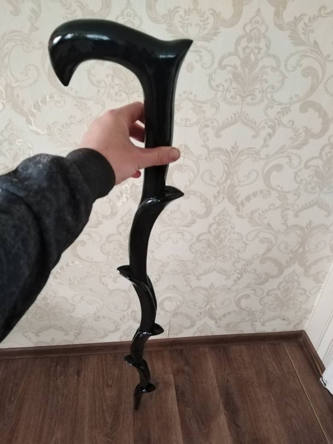 Black Plant-inspired Walking Staff: Twisted Handle, Glossy Finish - Etsy