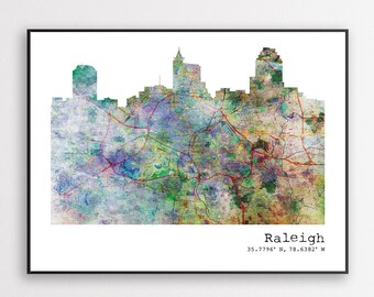Raleigh Skyline Watercolor - Etsy