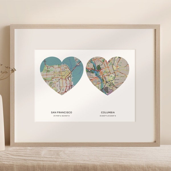 Heart Map Two Locations - Etsy
